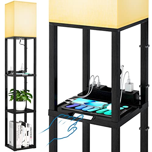 Floor Lamp with Shelves - Floor Lamps for Living Room with Touch Control, Wood Standing Lamp with 2 USB Ports, 1 Power Outlet, 11w Led Bulb, 3-Tier Shelf for Bedroom, LED Modern Corner Floor Lamp