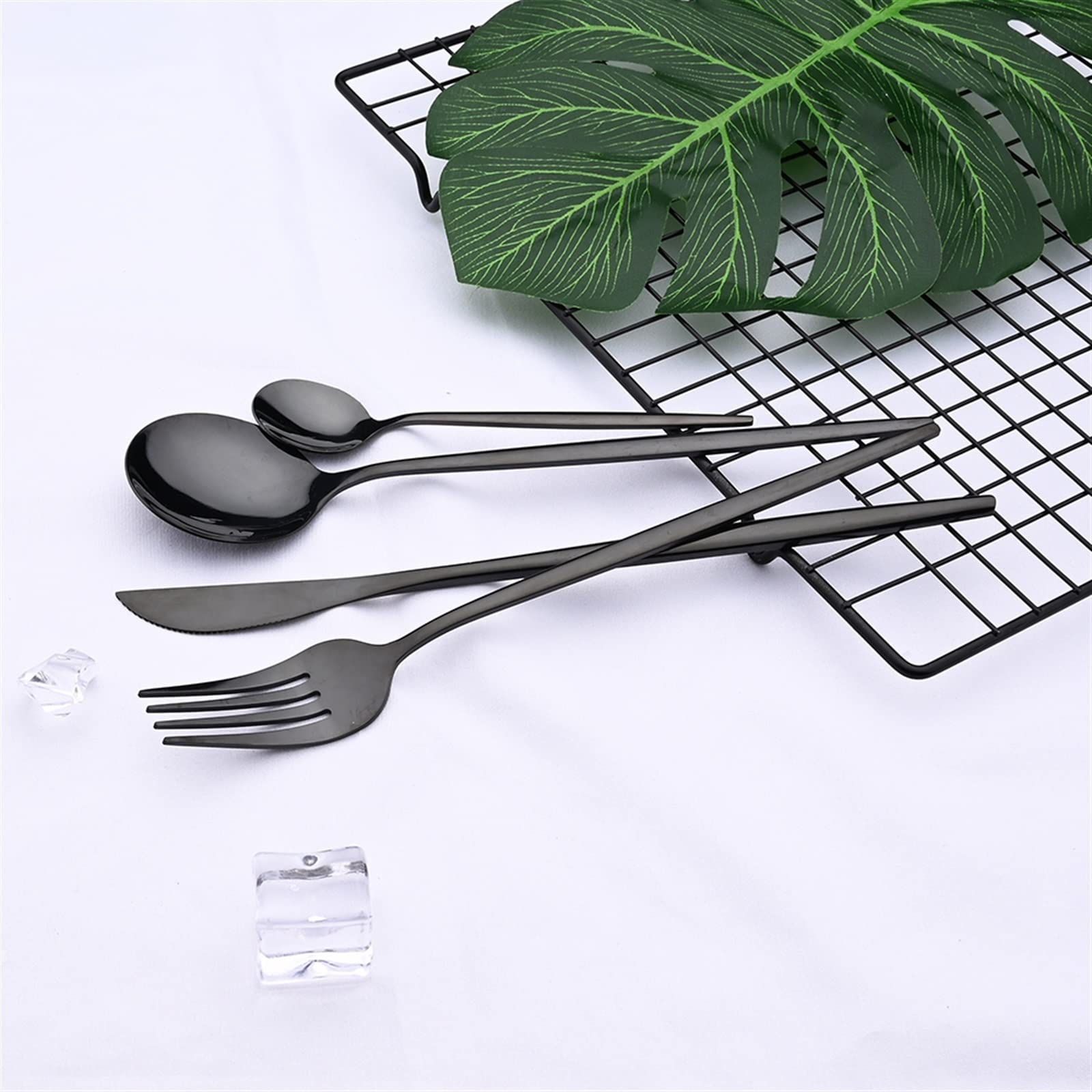 HIGOH Gold Soup Spoons 24pcs Black Western Dinnerware Set Stainless Steel Cutlery Set Fork Knife Spoon Tableware Set Flatware Set Silverware Set