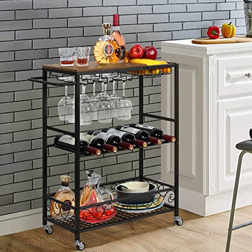 melos Bar Cart, Mobile Bar Serving Cart, Rolling Wine Cart with Glass Stemware Rack and Wine Bottle Holders, ndustrial Vintage Style Kitchen Serving Cart for, Kitchen(Brown)