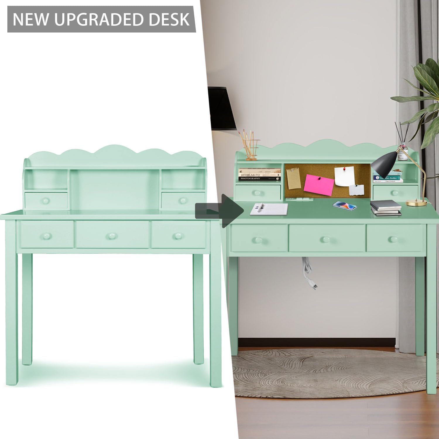 FUNKOCO Home Office Furniture Writing Desk,Computer Work Station with Detachable Hutch,5 Drawers (Sky Blue)