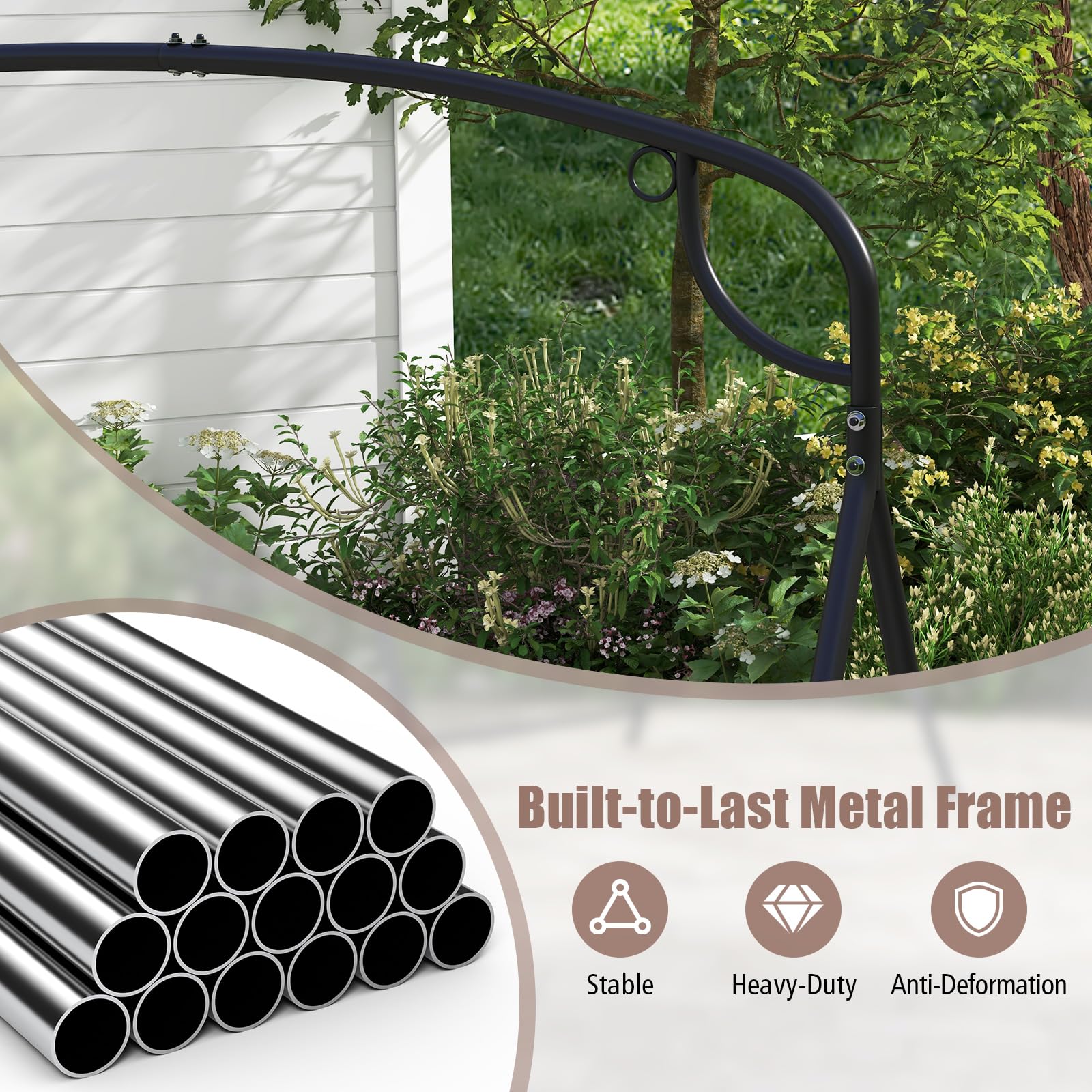 Tangkula Metal Swing Frame, Porch Swing Stand with Extra Side Bars, Heavy Duty Swing Frame Outdoor for Swing, Hammock, A-Frame Swing Stand Frame Outdoor for Lawn, Garden, Backyard