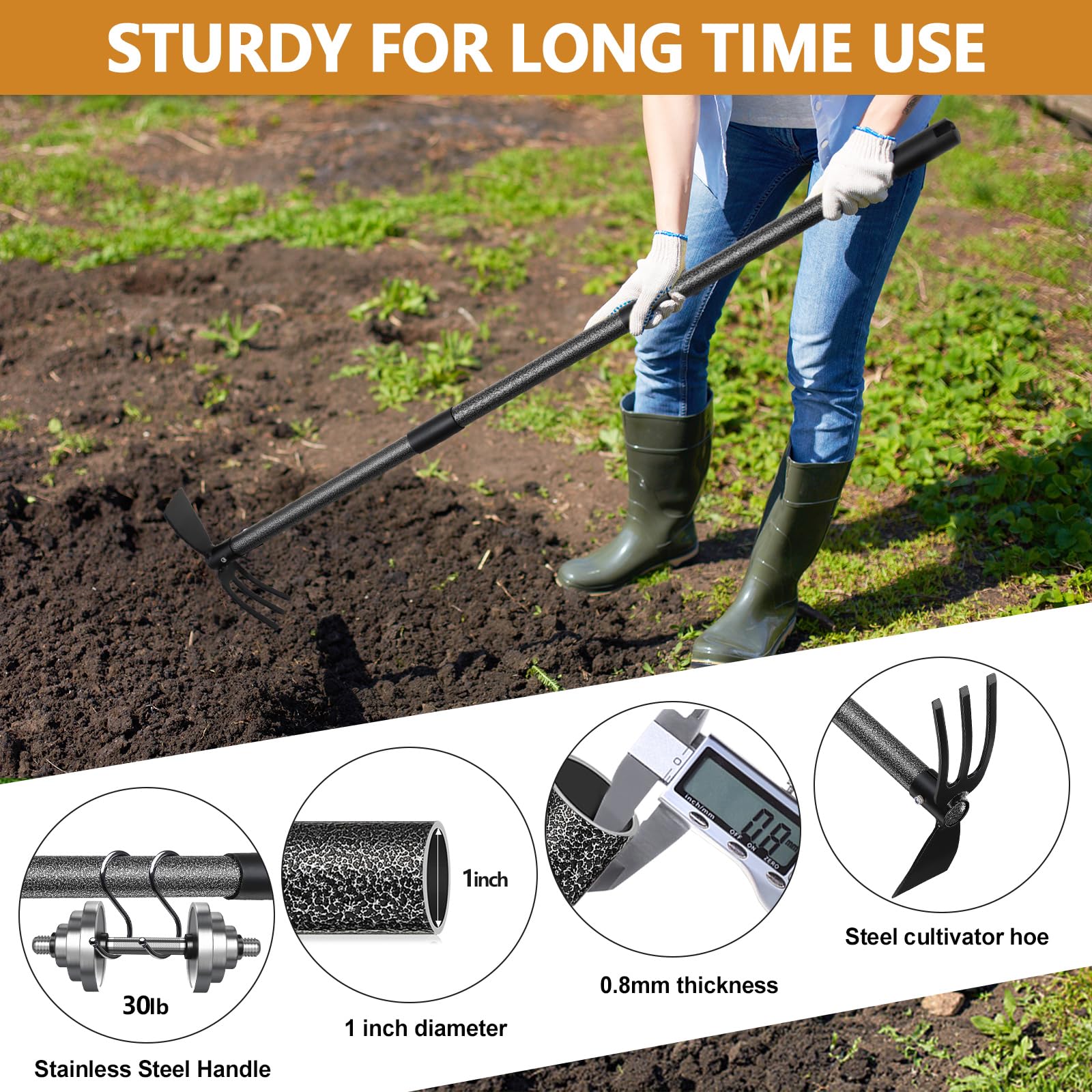 Hoe Garden Tool, Hoe Cultivator 2 in 1 Weeding Tools - 45" Long Handle Stand Up Weeder Hand Tiller, Heavy Duty Weeding Rake for Flower Beds Yard Lawn Gardening Digging Planting