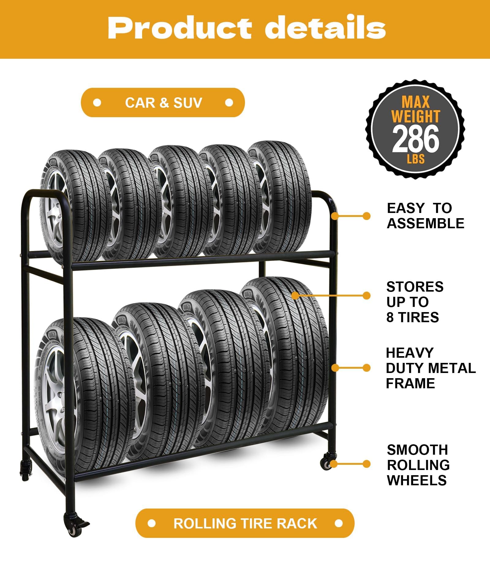 Landrol Tire Cart Rack Organizer, Heavy Duty Mobile Tire Holder for Garage Storage, Adjustable Tire Stand Indoor/Outdoor with 2 Universal Rolling Wheels Shelves