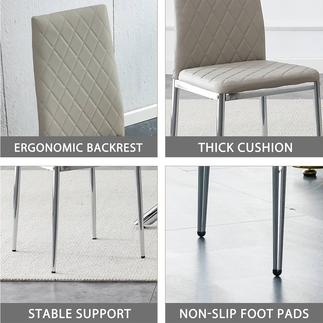 Dining Chairs Set of 4, Modern Mid Century Dining Chairs, Upholstered High Back Side Chairs with Grid Shaped Design & Metal Legs for restaurants/living rooms/kitchens and offices (Light Gray)