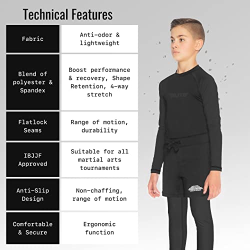 Elite Sports Rash guards for boys and girls, full sleeve compression BJJ kids and youth rash guard (Black, Medium)