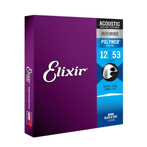 Elixir Strings, Acoustic Guitar Strings, 80/20 Bronze with POLYWEB Coating, Longest-Lasting Warm Tone with Comfortable Feel, 6 String Set, Light 12-53