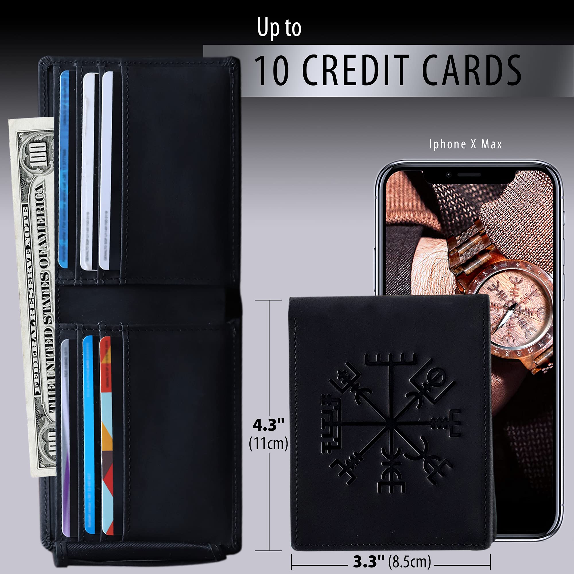 Genuine Crazy Horse Leather Wallet – Viking Vegvisir Engraved Black Bifold Wallet – RFID Blocking Runic Compass Signpost Design Leather Wallet for Protection, Fits Up to 10 Cards