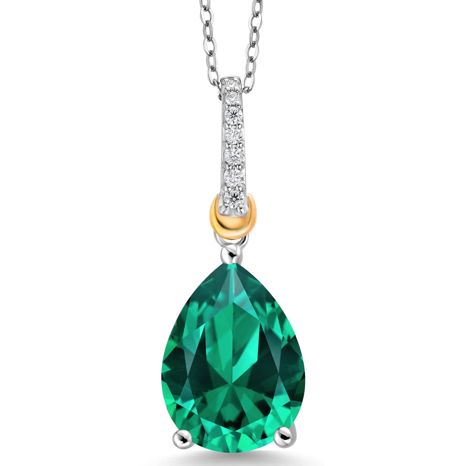 Gem Stone King 925 Silver and 10K Yellow Gold Pendant with Chain Pear Shape Green Nano Emerald Moissanite (8.31 Cttw)