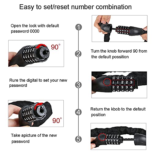 Haowecib Steel Chain Lock, Security Bike Lock High Sensitivity Universal 5-Digit for Bicycles for Motorcycles(Black)
