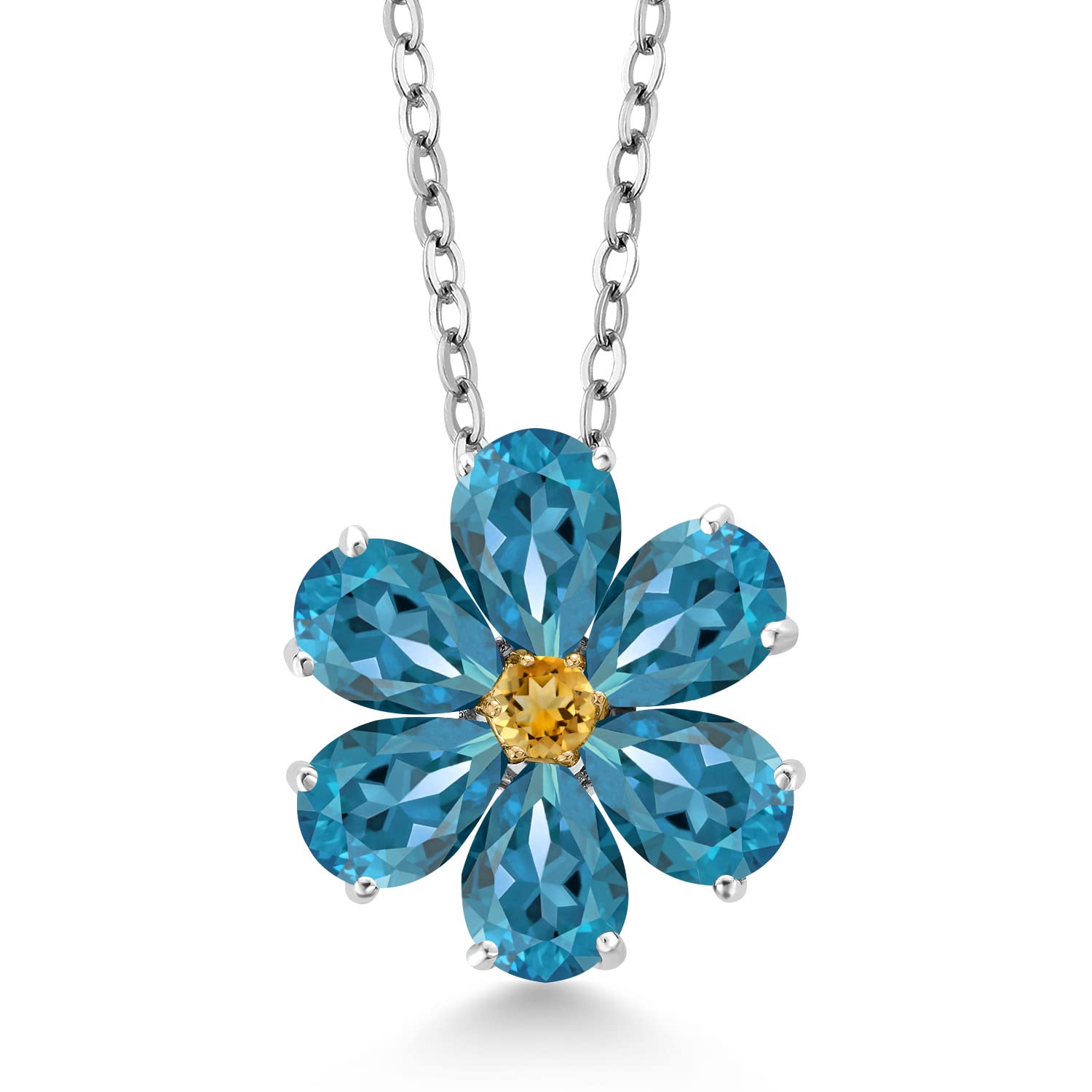 Gem Stone King 925 Sterling Silver and 10K Yellow Gold London Blue Topaz and Yellow Citrine Pear Shape Flower Pendant Necklace For Women (2.47 Cttw, Gemstone Birthstone, with 18 Inch Chain)