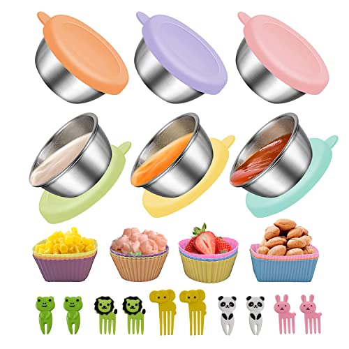 Qefuna 12 Pcs Silicone Lunch Box Dividers, 10PCS Food Picks, 6x1.7 oz Salad Dressing Container To Go, Lunch Accessories for Bento Box