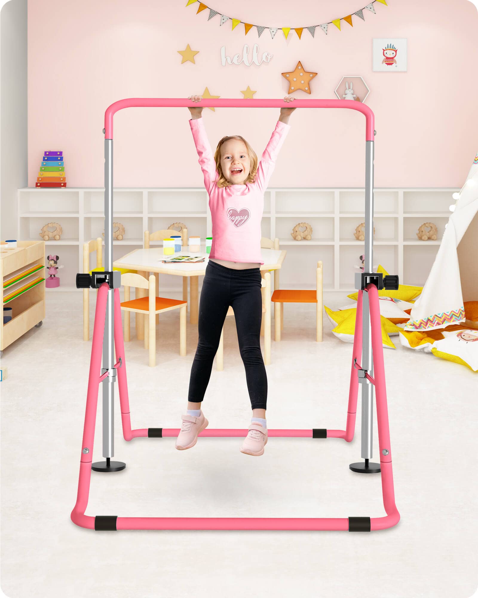 GVOLO Gymnastics Bars Kids Expandable Training Bar Adjustable Height Folding Horizontal Bars Equipment Junior Training Gymnastics Bars for Home, Pink