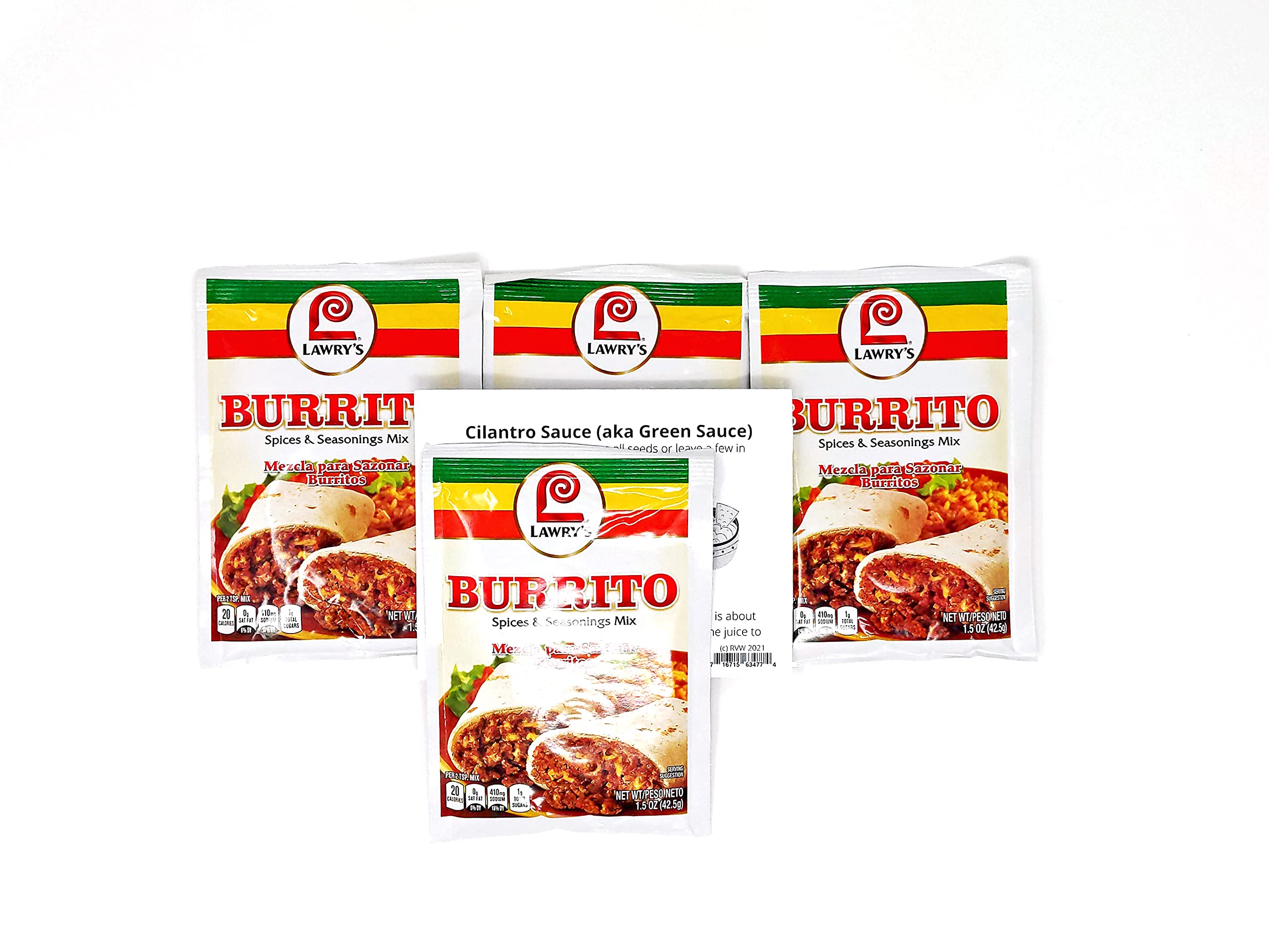 Generic Burrito Spices & Seasoning Mix (4 Pack) and RVW Cilantro Sauce Recipe Card Bundle - 5 Items Total
