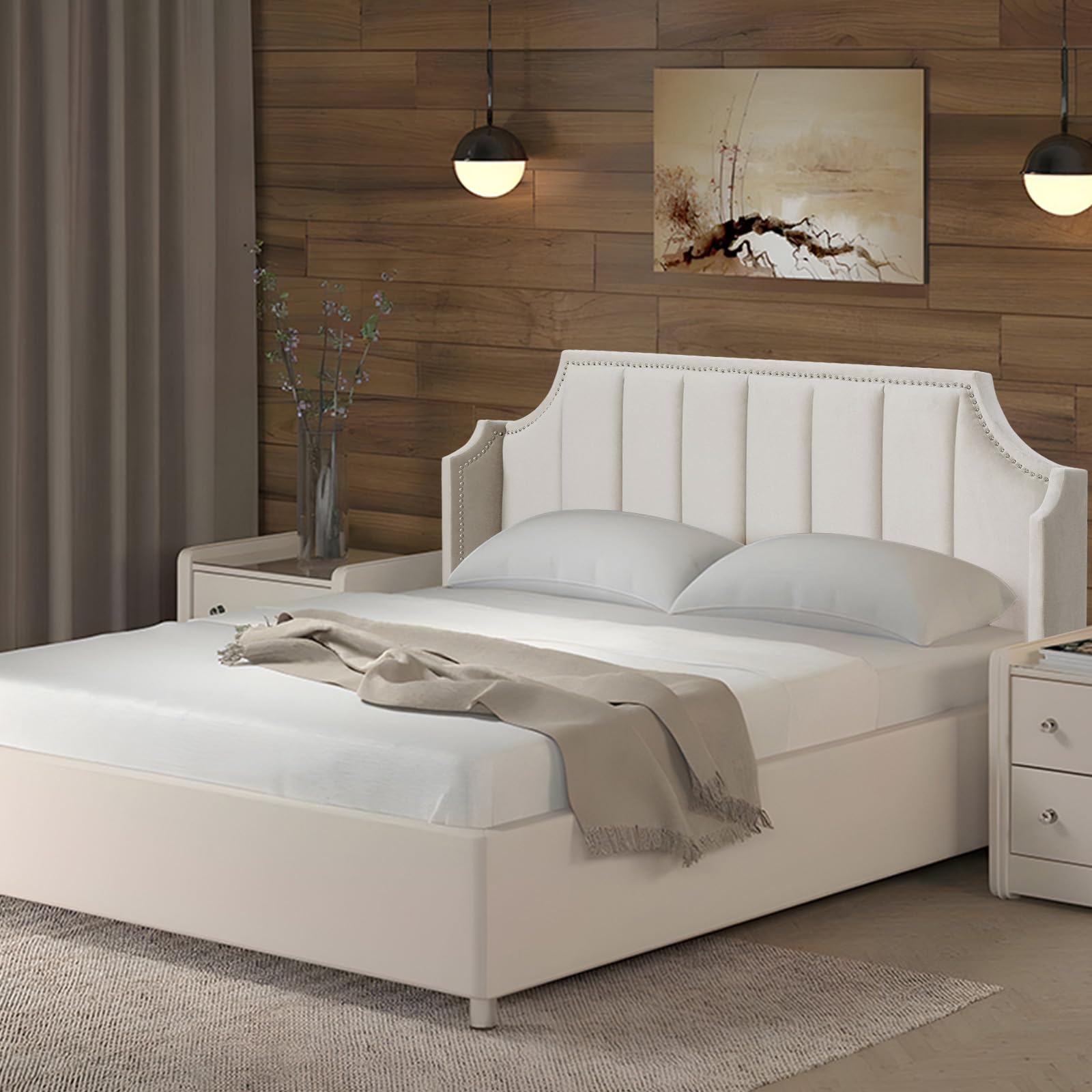 Lucky Monet Mid Century Headboard with Wingback for Queen Size Bed, Velvet Upholstered Tufted Bed Headboard with Nailhead Decor, Adjustable Height Curved Head Board Vertical Channel Design (Beige)