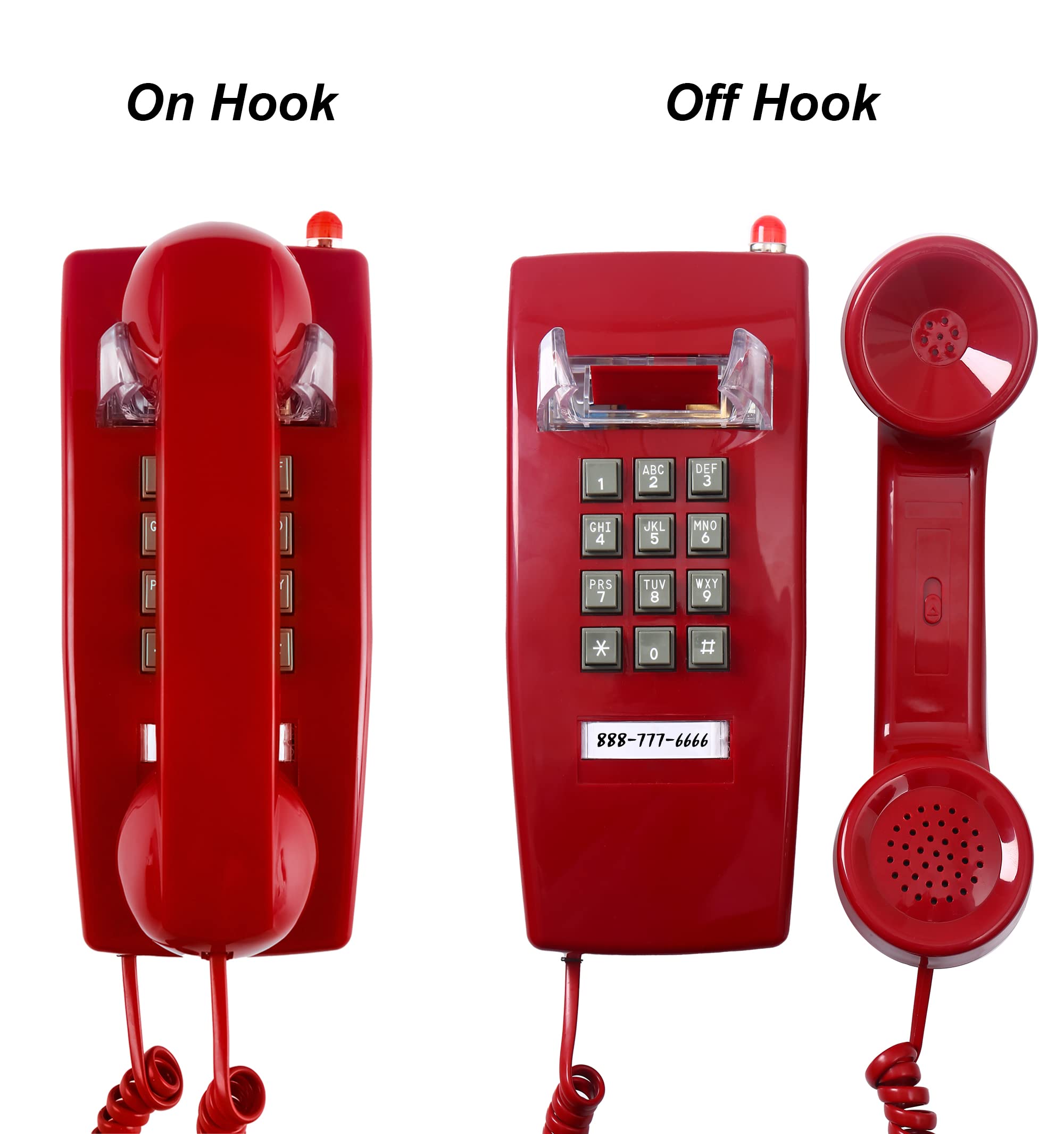 Traditional Wall Phones for Landline with Mechanical Ringing, Retro Wall Mounted Phone Waterproof, Classic 2554 Wall Telephone with Voicemail Indicator, Old Wall Mount Phone for Kitchen,Home,Red
