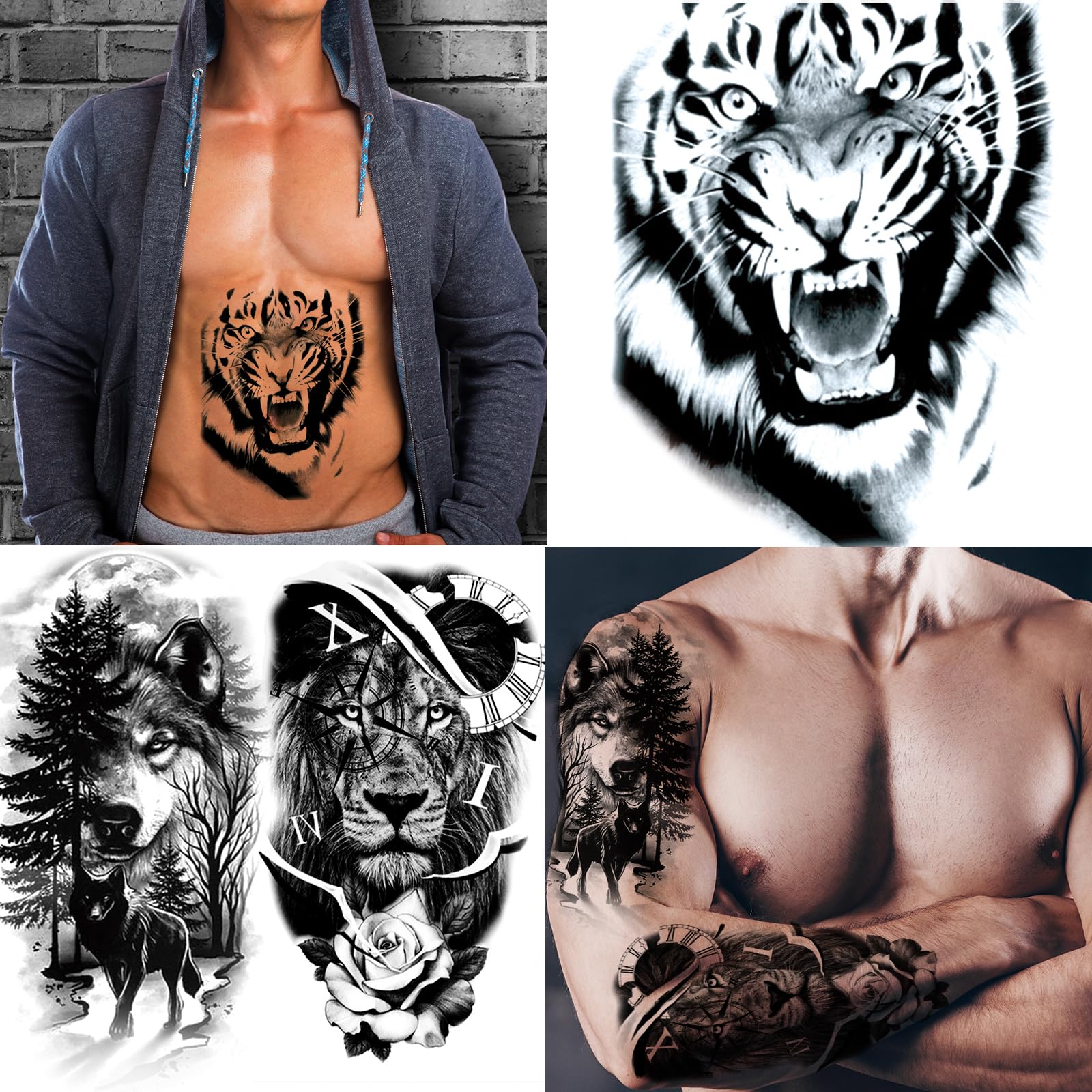 Hotoyannia 82 Sheets Large-Size Black Temporary Tattoos Stickers, Includes 10 Large-Size Fake Tattoos That Look Real and Last Long, Halloween Tattoos Include Wolf Lion Tiger Skeleton Skull Tattoos