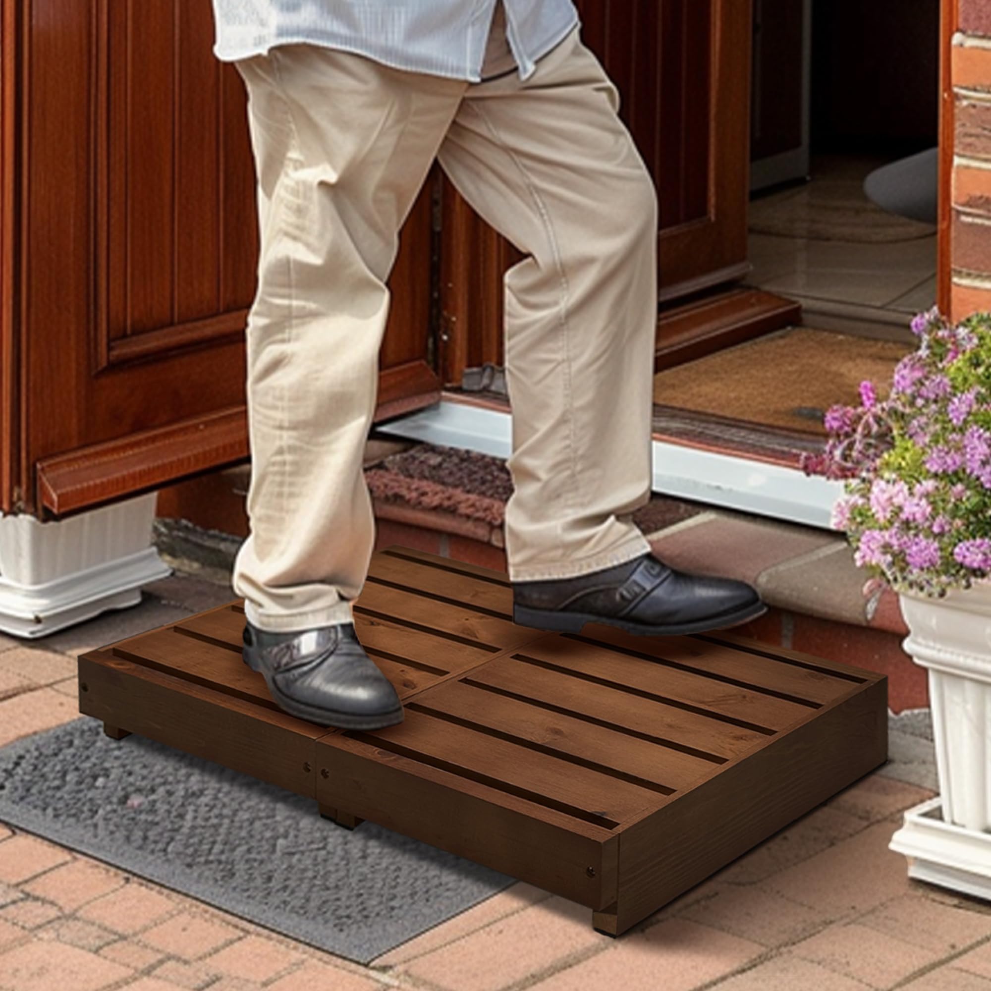 Koretech Outdoor Steps 3.5'' Height, Wooden Step Stool with Non Slip Pads, Step for Outside, Safety Stepping Stool for Bathroom, Kitchen, Bed (Walnut Color)