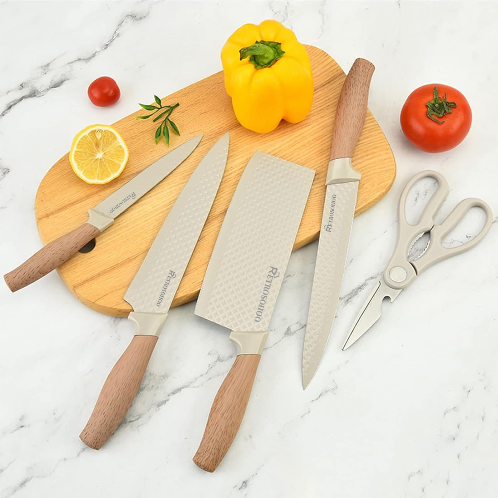 Kitchen Knife Set, Retrosohoo 5PC Yellow Stainless Steel Sharp Knife Set with Plastic Stand, Non-stick Chef Cooking Knife Set with Block for Cutting Slicing Chopping Paring (Yellow)