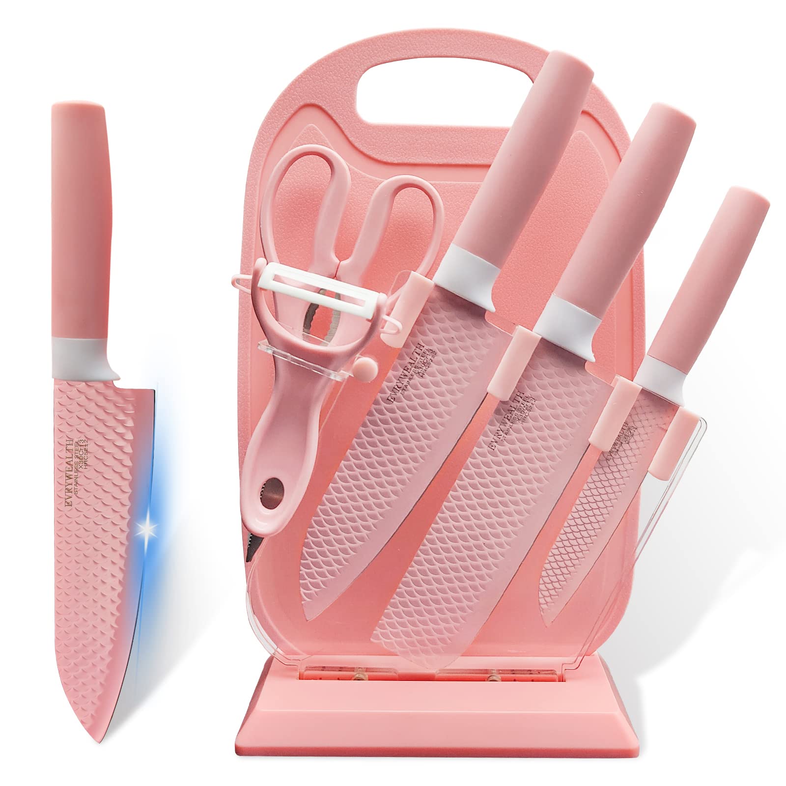 Kitchen Knife Set, Retrosohoo Fish Scales Non-stick Chef Knife Set with Cutting Board and Acrylic Stand, Stainless Steel Sharp Cooking Knives with Gift Box (Pink)