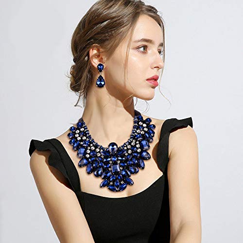 Flyonce Costume Jewelry for Women, Rhinestone Crystal Statement Necklace Earrings Set Dark Blue