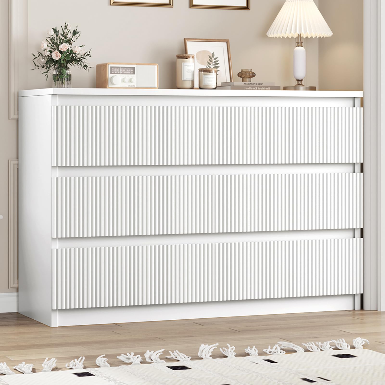 Jocoevol White Dresser 6 Drawer Dresser for Bedroom, Modern Fluted Dresser with Deep Drawers, Large Double Wooden Dresser Chest of Drawers for Living Room, Hallway, Entryway (White)