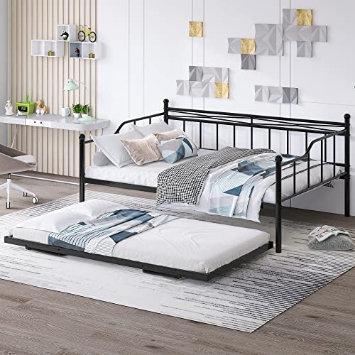 ODC Full Size Daybed with Adjustable Twin Pop Up Trundle, Heavy-Duty Steel Metal Extendable Bed for Bedroom Living Room,Black