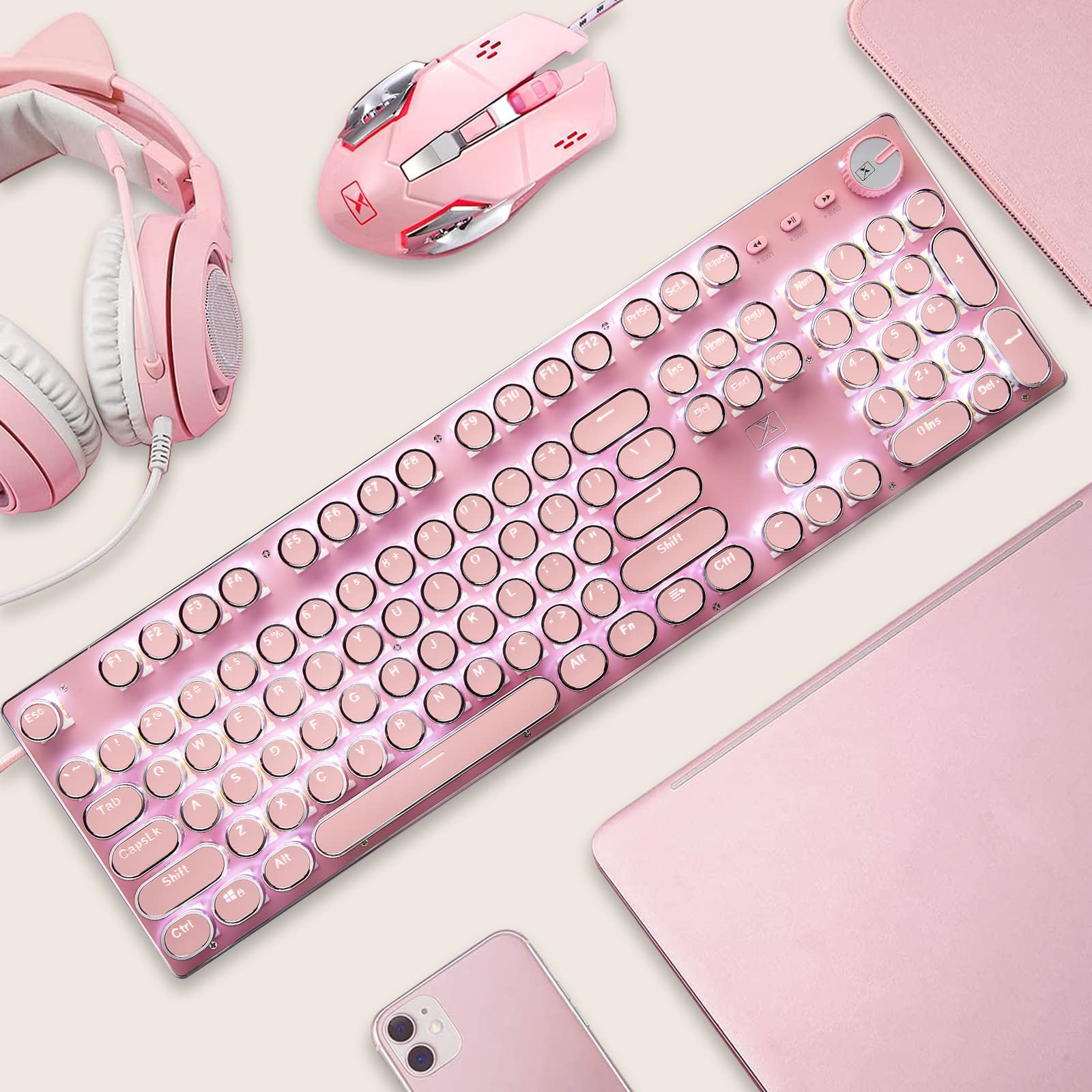 FELiCON Typewriter Pink Mechanical Gaming Keyboard and Mouse Combo White Light Retro Punk Round Keycaps Keyboard with 104 Keys Anti-Ghosting Blue Switch RGB Backlit Mouse Mice Pad for Office Work
