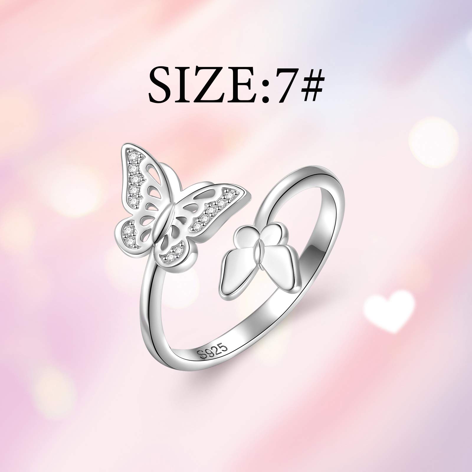 FLYOW Butterfly Ring 925 Sterling Silver Double Butterfly Wrap Around Ring with White CZ Adjustable Thumb Open Rings for Women Jewelry Gifts