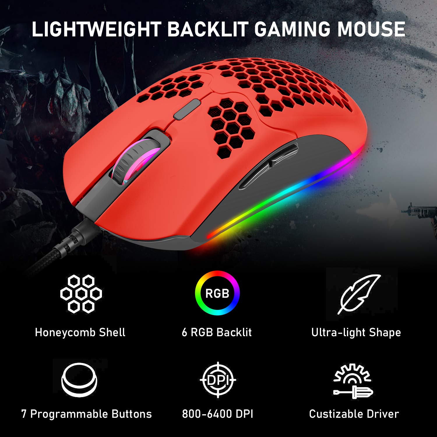 FELICON Wired Lightweight Gaming Mouse, 6400DPI Backlit Mice with 7 Buttons Programmable Driver,Ultralight Honeycomb Shell Ultraweave Cable Mouse Compatible with PC Gamers and Xbox and PS4 Users(Red)