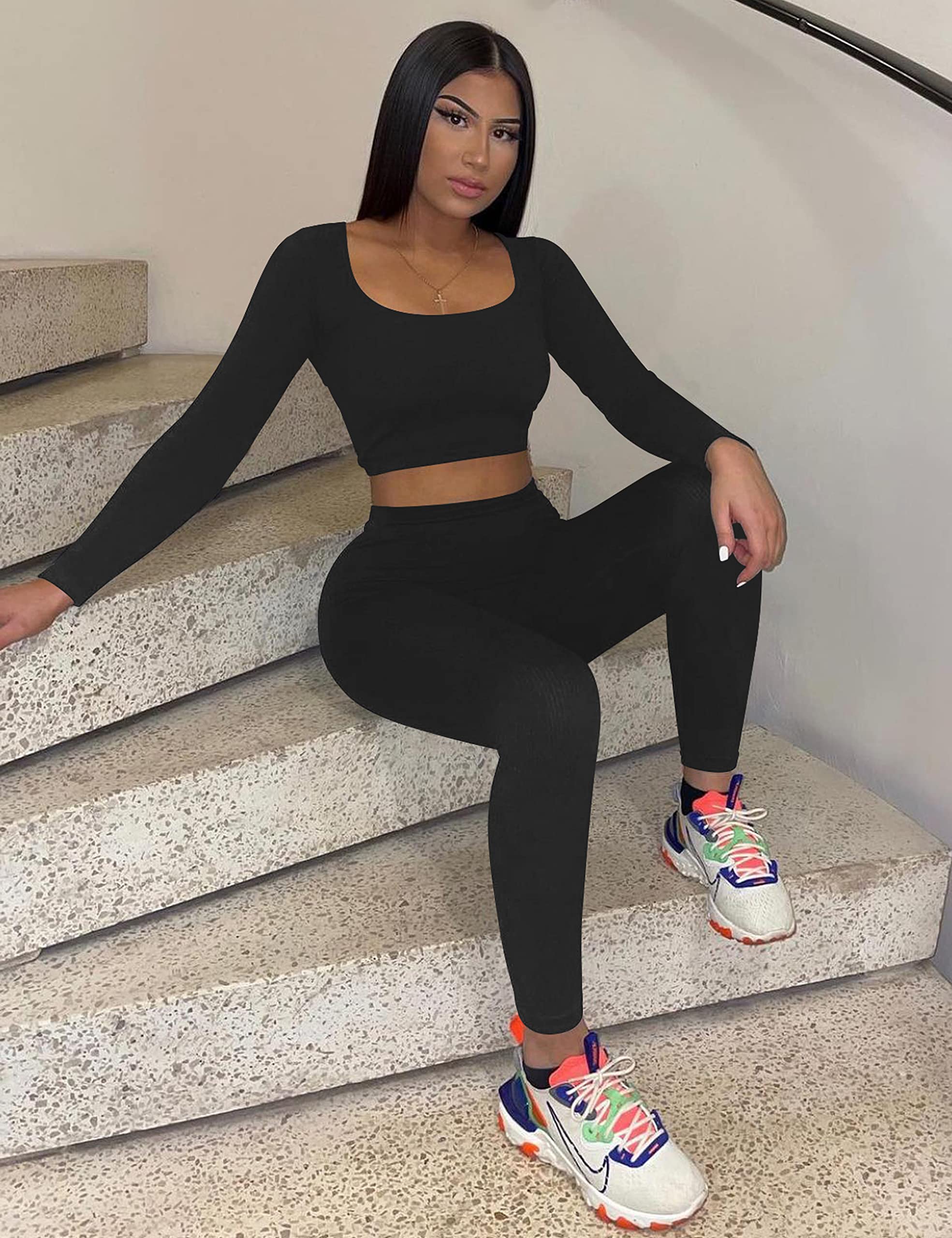 Kaximil Women's Workout Tracksuit 2 Piece Outfits Long Sleeve Crop Top Legging Pants Matching Sets, Medium, Black