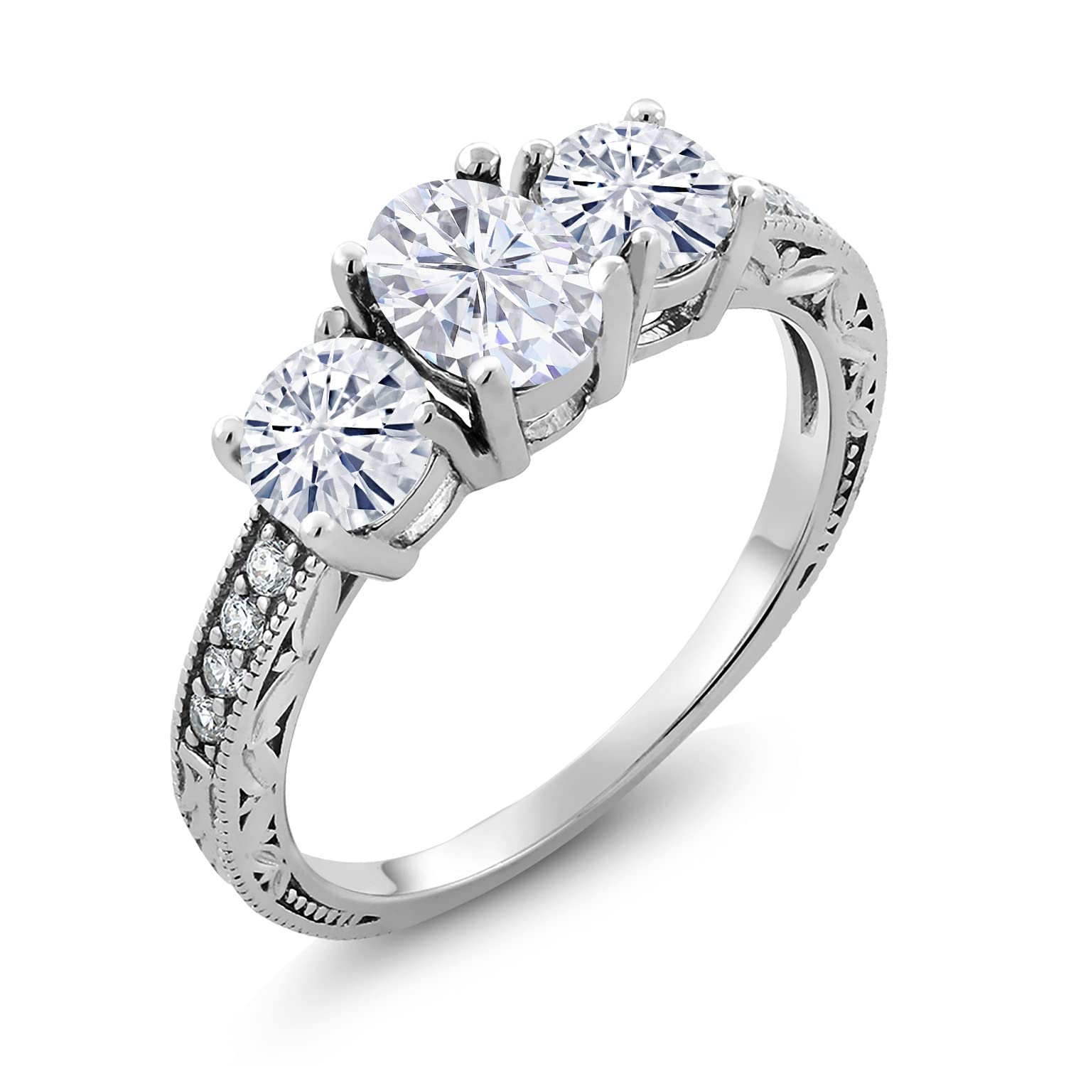 Gem Stone King 925 Sterling Silver White Moissanite 3 Stone Women Engagement Ring (2.02 Cttw, Available In Size 5, 6, 7, 8, 9)