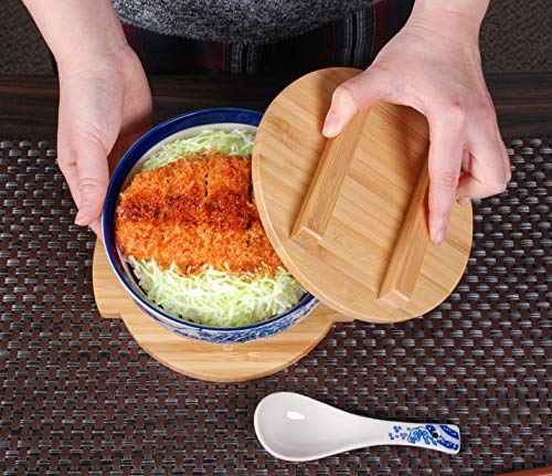 Hinomaru Collection Japanese Kamameshi Style Rice Noodle Bowl with Bamboo Lid Trivet Chopsticks and Porcelain Spoon Bowl Set (Hokusai Wave)