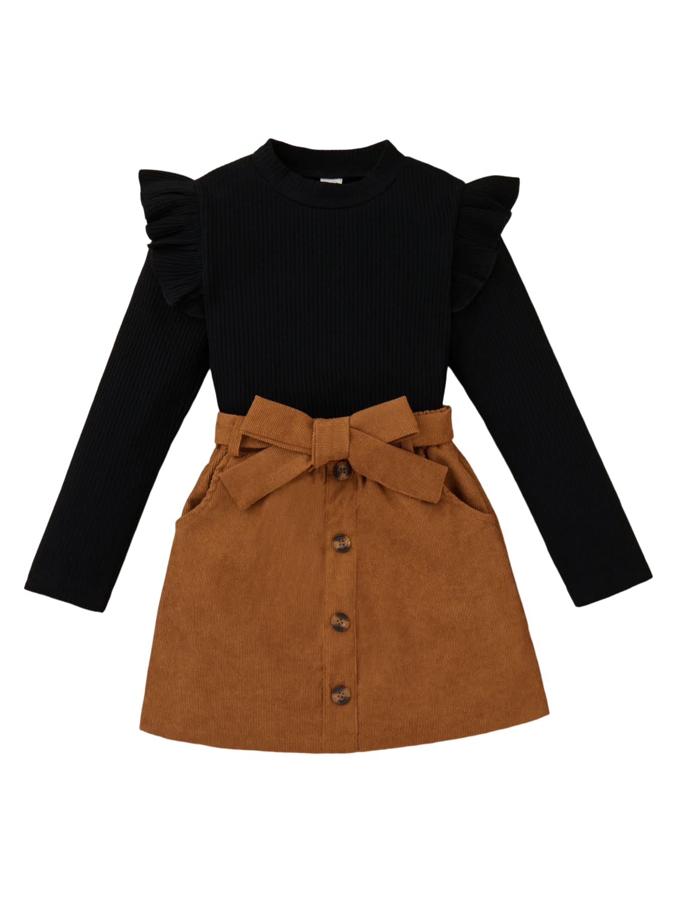 Floerns Girls 2 Piece Outfit Ruffle Trim Long Sleeve T Shirt and Short Skirt Set Brown Black 7 Years