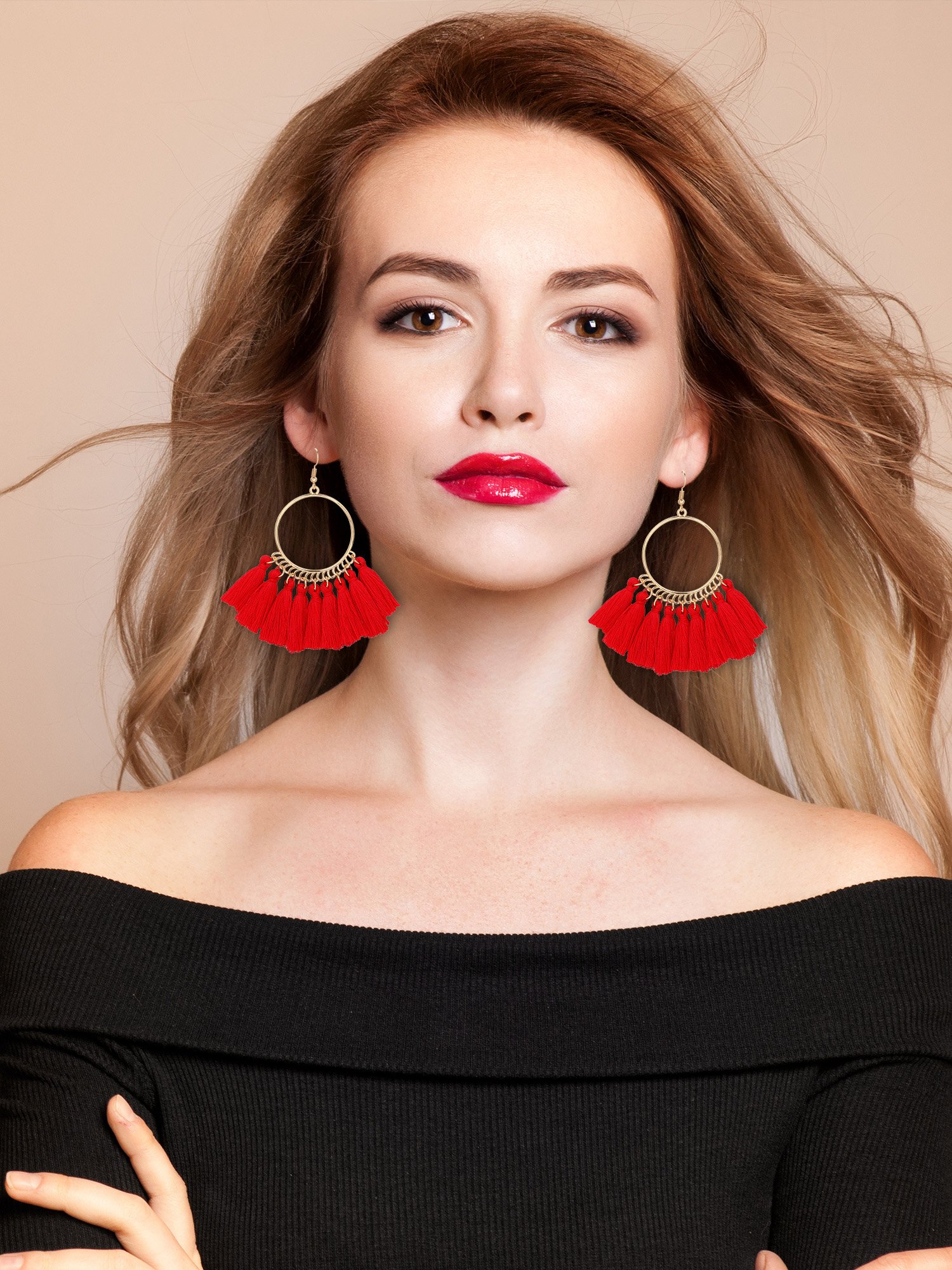 Gejoy Tassel Hoop Earrings Fan-shaped Drop Earrings Dangle Eardrop for Women Party Bohemia Dress Accessory, 3 Pairs