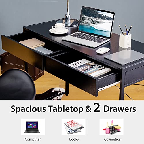 Tangkula Computer Desk with 2 Drawers, 44" Study Writing Table w/Heavy-Duty Steel Frame & Reinforced Structure, PC Desk with Storage for Home Office (Black)
