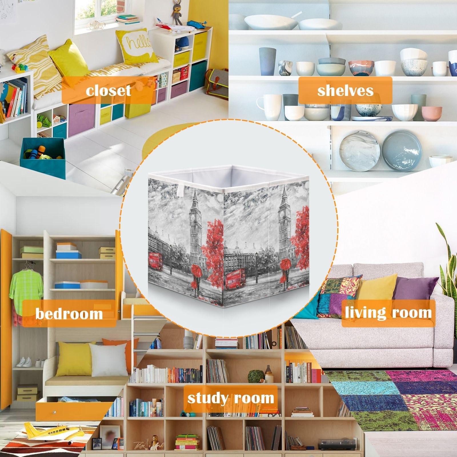Emelivor London Rectangle Storage Bins Fabric Storage Cube Large Storage Baskets for Shelves Collapsible Cube Organizer Bins for Shelves Home Office Clothes Clothing,16 x 11inch