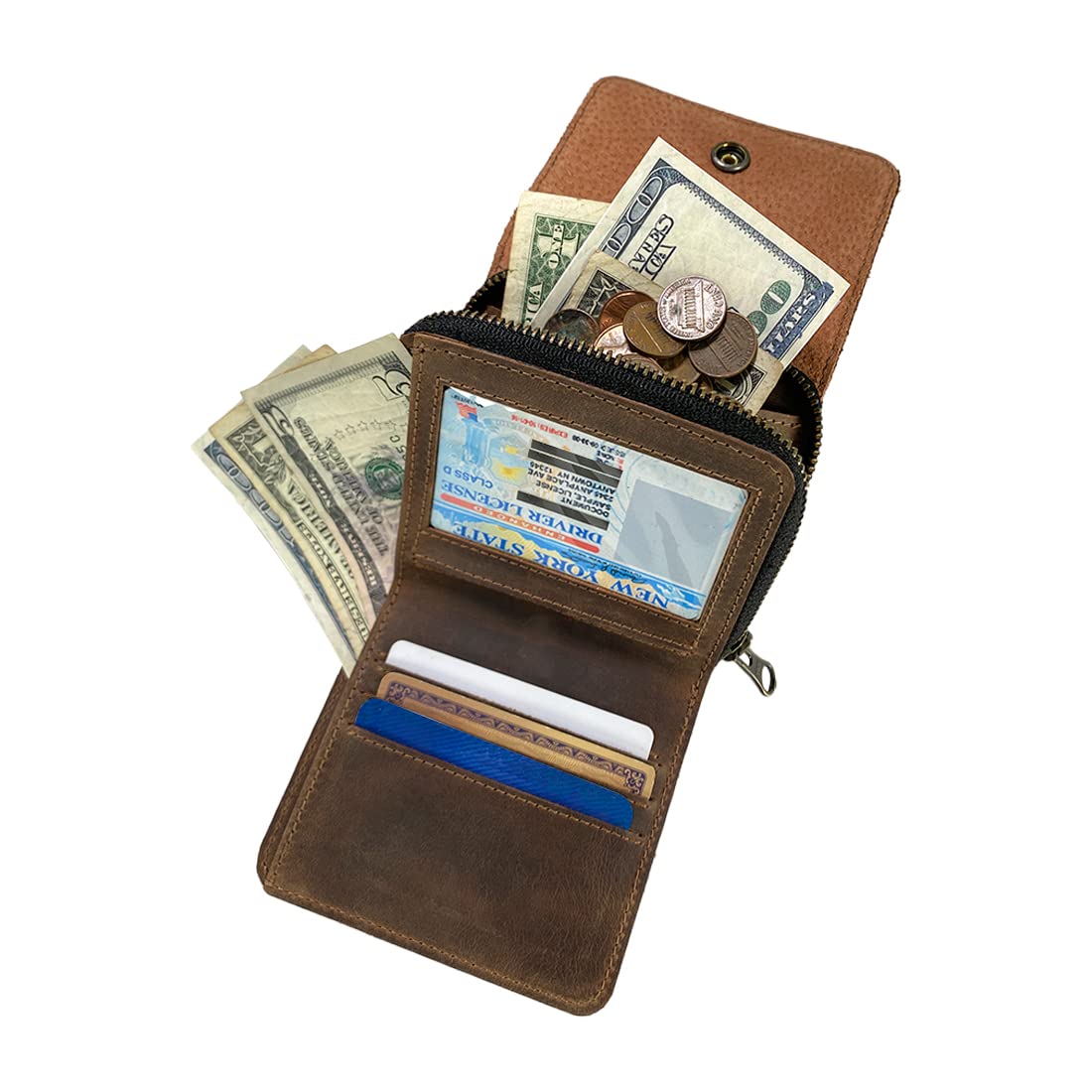 Heather's, Zippered Wallet Handmade from Full Grain Leather - Classic Organizer with Button Closure and Zipper Coin Pocket - Storage Case for ID, Credit Cards, and Cash - Bourbon Brown