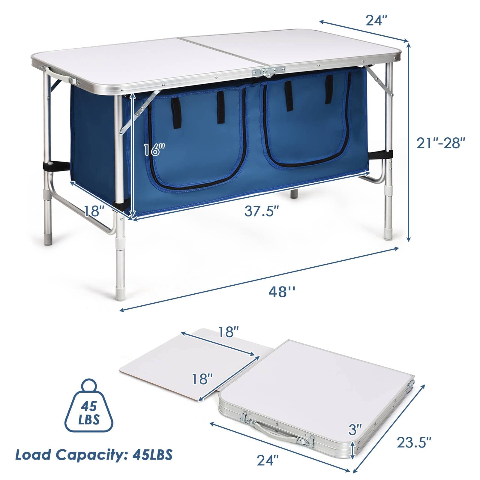 Happytools Portable Camping Table with Storage, Lightweight Aluminum Folding Table with Adjustable Legs, Outdoor Foldable Picnic Table for BBQ, Cooking, Camp & Party (Grey)