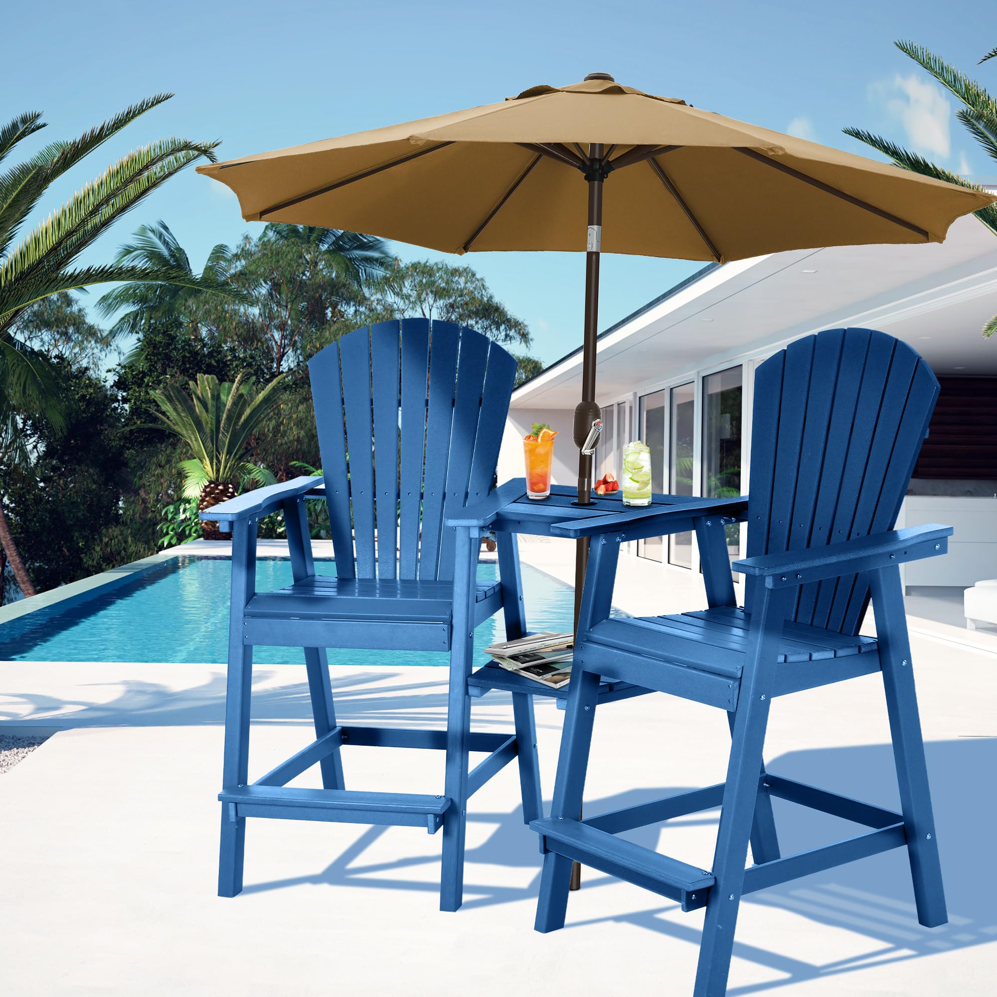 NCGVKS Tall Adirondack Chair Set of 2,HDPE Balcony Chair with Double Connecting Tray,Adirondack Bar Stools Weather Resistant Poly Deck Chairs for Patio Backyard Poolside 360LBS Capacity Blue