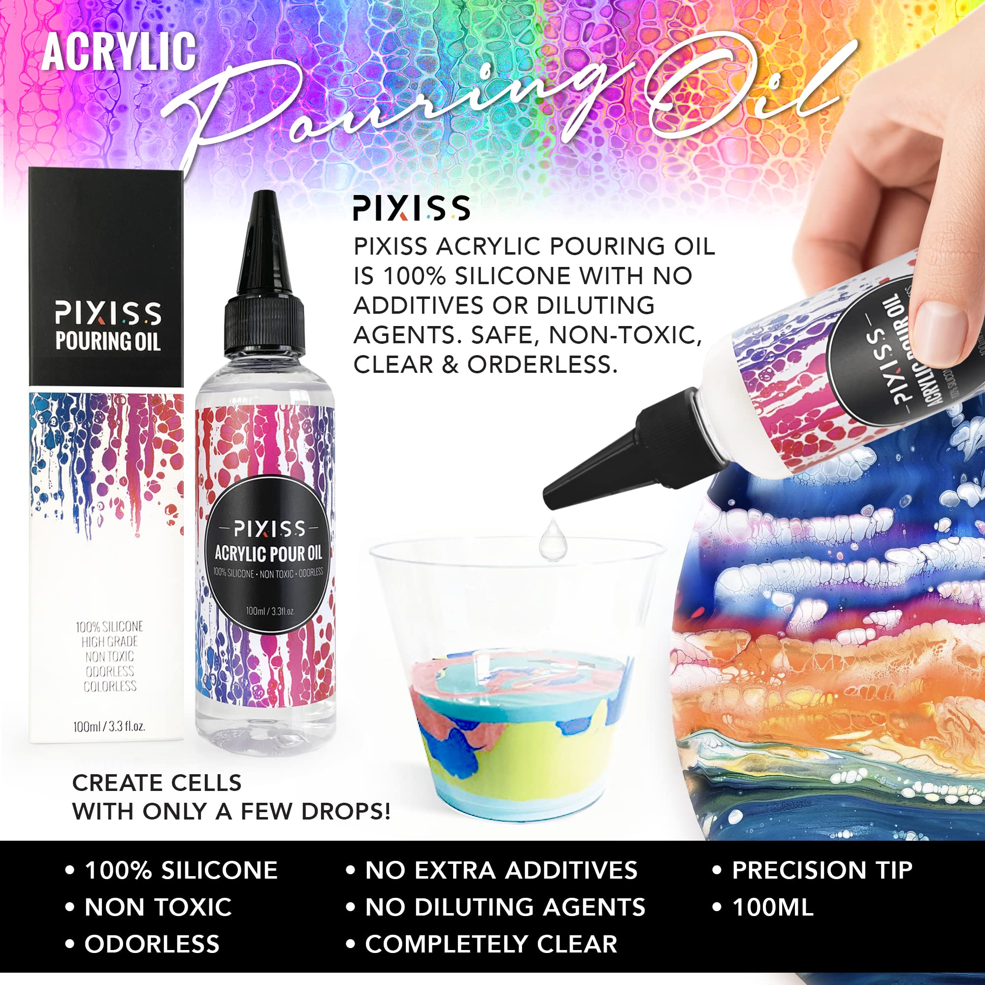 Floetrol Pouring Medium for Acrylic Paint - Flood Floetrol Additive and Pixiss Acrylic Pouring Oil - Perfect Flow 100% Pure High Grade Silicone (100ml/3.3-Ounce)