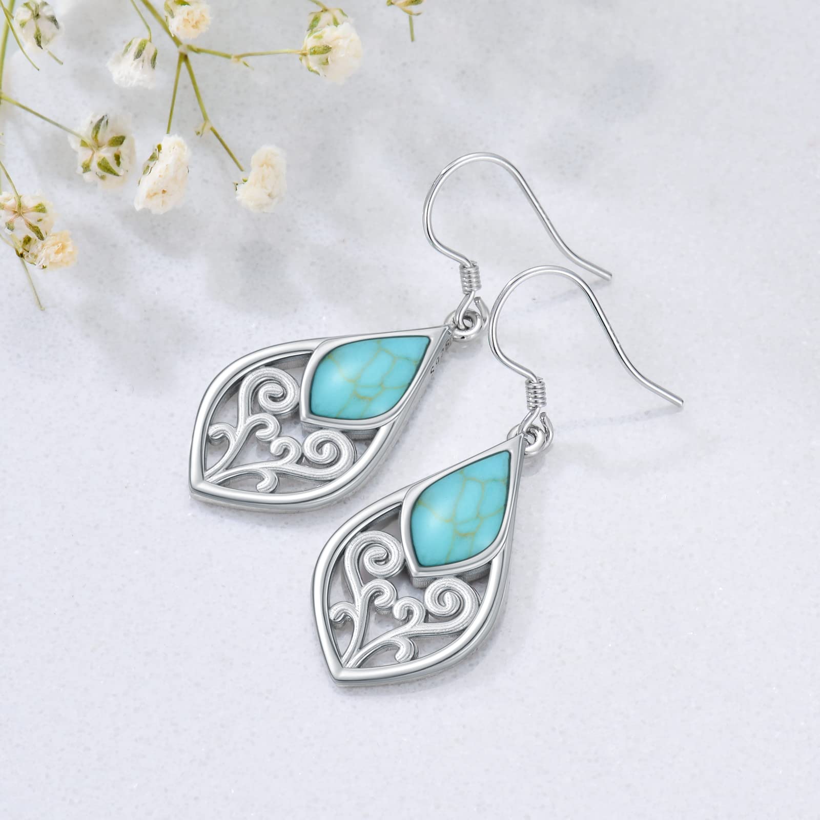 Genuine Turquoise Earrings 925 Sterling Silver Filigree Dangle Earrings for Women