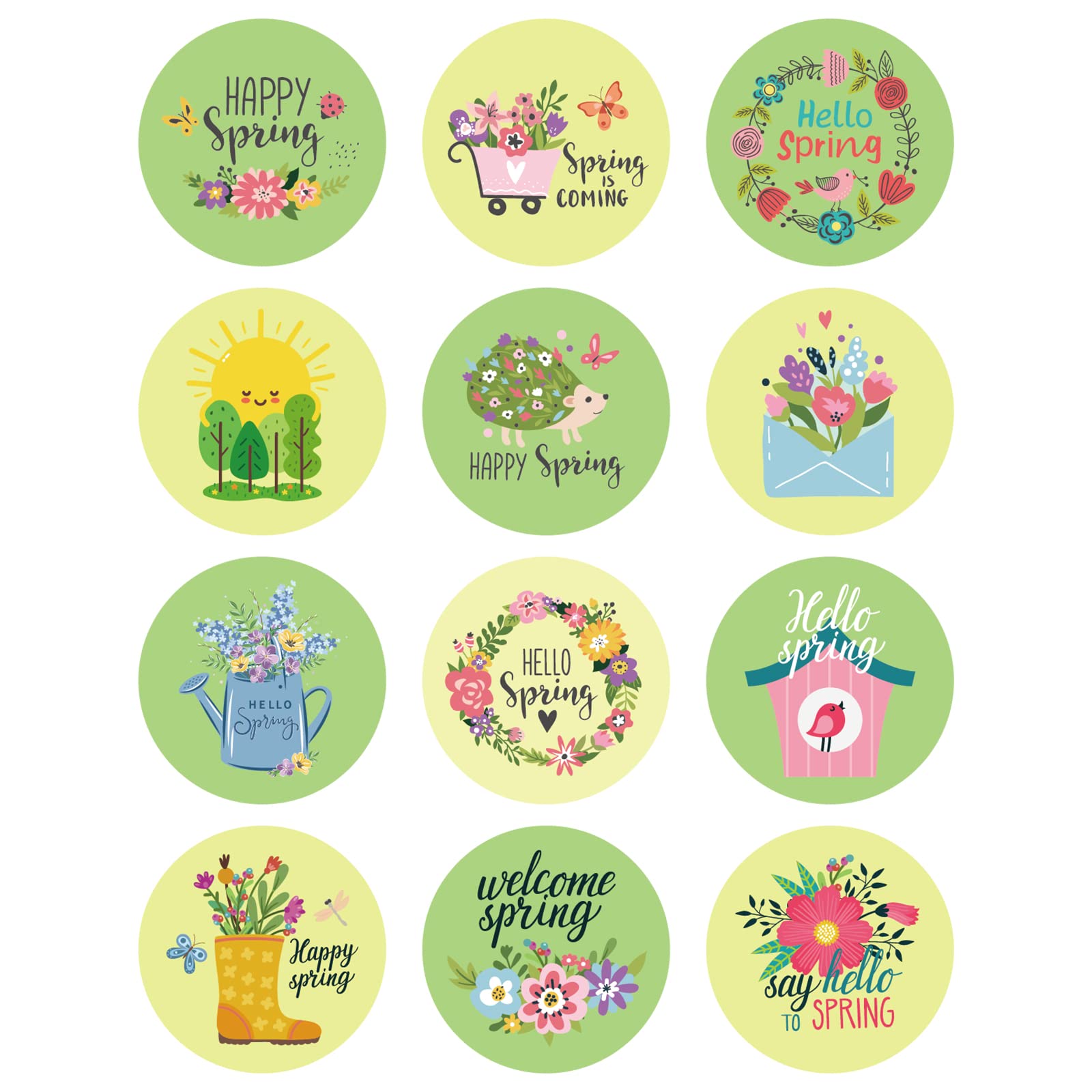 Lucleag Happy Spring Stickers for Kids, Round Hello Spring Stickers, 12 Styles Spring Flowers Birds Butterfly Stickers for Candy Goodies Envelope Seals Gift Card Stickers Spring Party Decor 360pcs