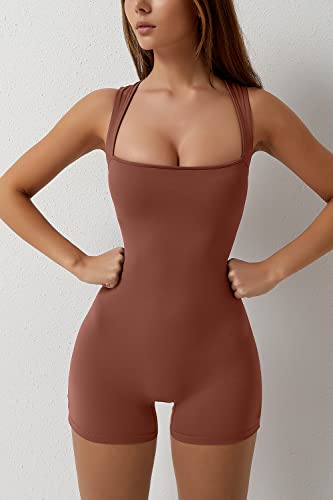 QINSEN Women's Sexy Tube Top One Piece Jumpsuit Square Neck Short Length Romper Brown S