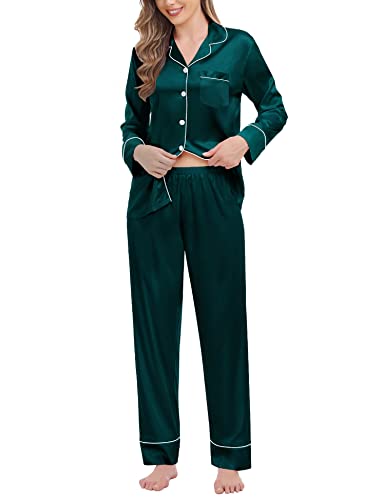 SWOMOG Women's Silk Satin Pajamas Loungewear Two-piece Sleepwear Button-Down Pj Set S-XXL Deep Green