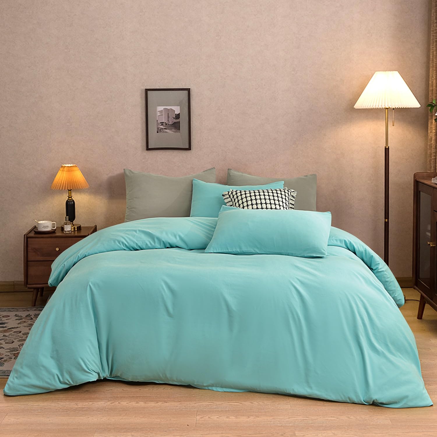 TazmKezm Light Blue Duvet Cover Set 100% Washed Cotton Duvet Cover Queen Size(90x90 Inch),3 Pieces Luxury Soft Bedding Set with Zipper Closure.Solid Color Pattern Duvet Cover