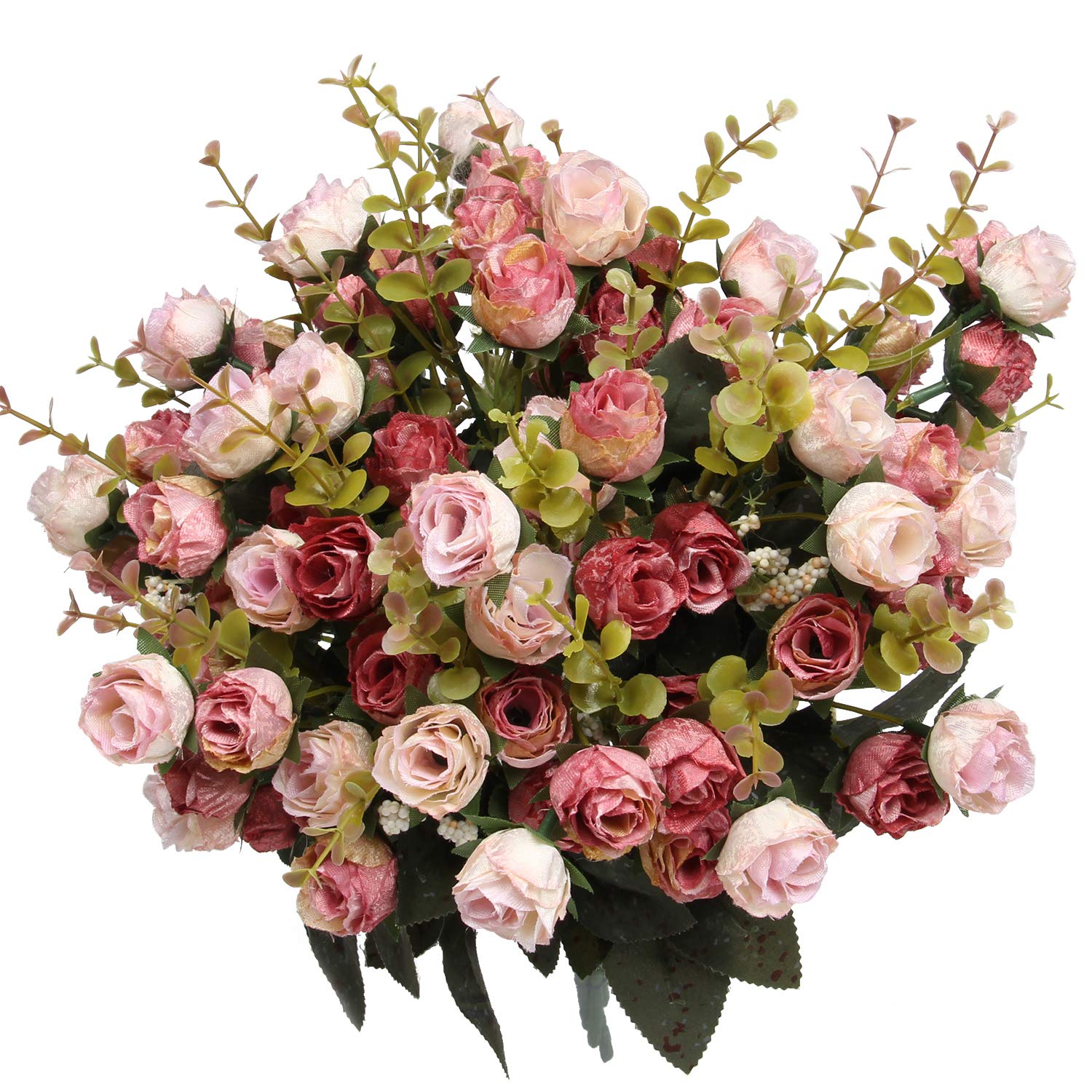 Flojery 21 Heads Silk Rose Bouquet Artificial Flowers Mini Rose for DIY Wedding Bouquets Centerpieces Bridal Shower Party Home Decorations,Pack of 4 (Pink)
