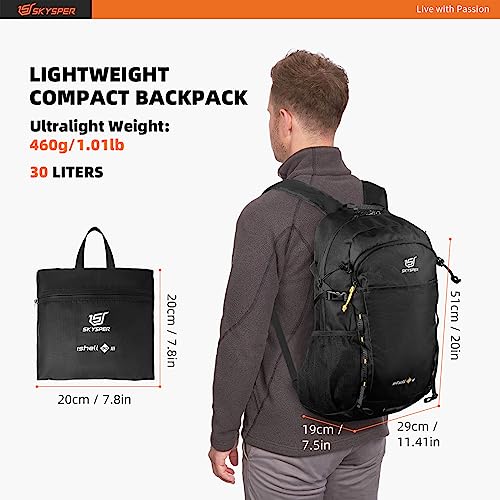 SKYSPER Hiking Backpack 30L Lightweight Packable Travel Daypack Waterproof Hiking Daypack for Women Men(Black)