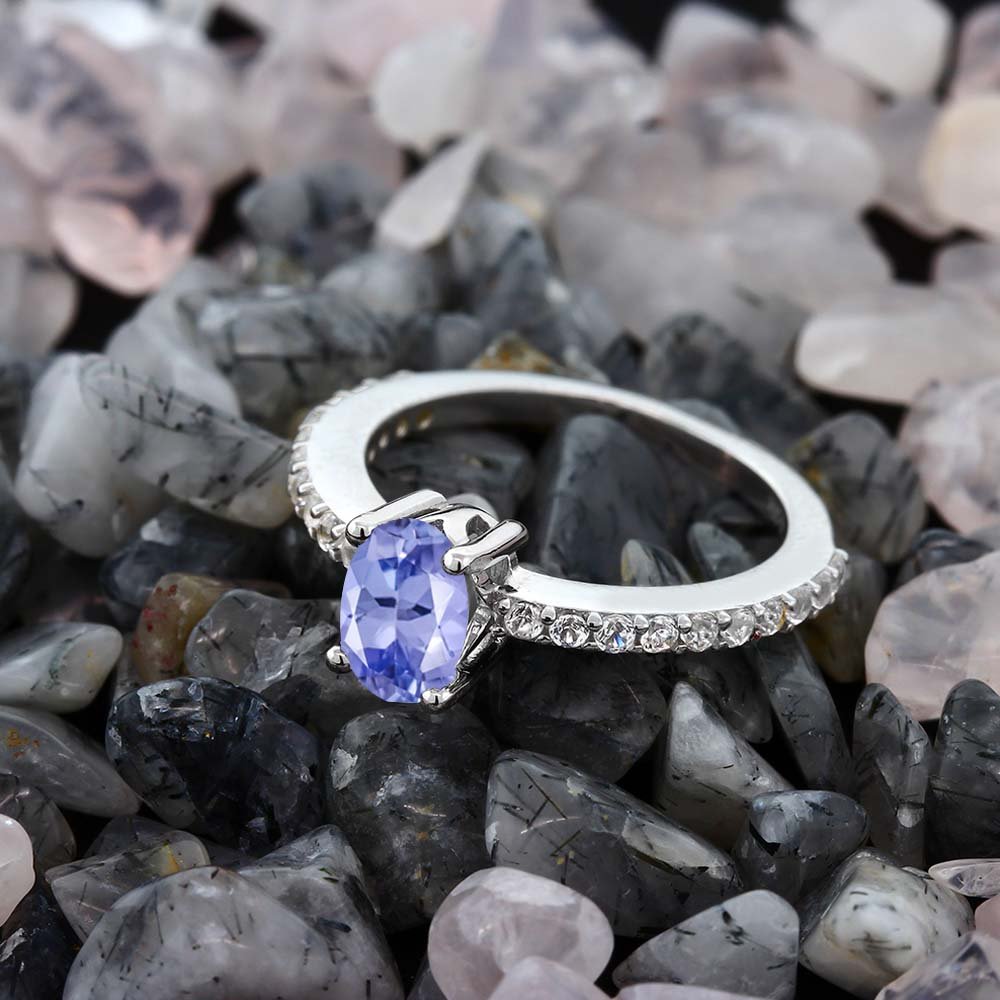 Gem Stone King 1.05 Ct 7x5mm Oval Tanzanite White Created Sapphire 925 Silver Ring (Size 5)