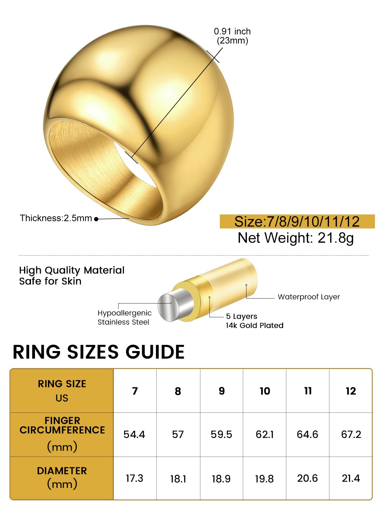 GOLDCHIC JEWELRY Gold Statement Ring for Women, 23mm Oversized Chunky Dome Rings Thick Cocktail Rings Size 7