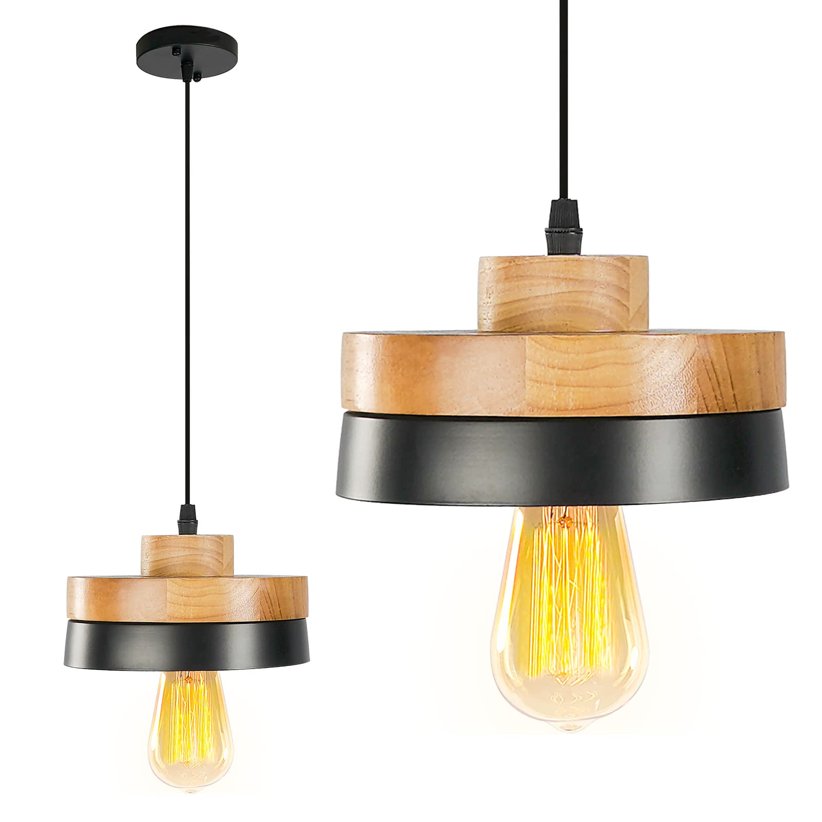 Farmhouse Wood Pendant Light Hanging Light Fixture with Wooden Rustic Ceiling Light Height Adjustable for Ceiling Pendant Lighting for Kitchen Island, Bedroom, Dining Room